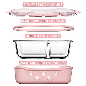 CYUFU 5 Packs 30oz Glass Meal Prep Containers, Glass Food Storage Containers with Lids, Airtight Glass Bento Boxes, Oven, Freezer and Dishwasher Safe (2 Compartments with silicone sleeves)