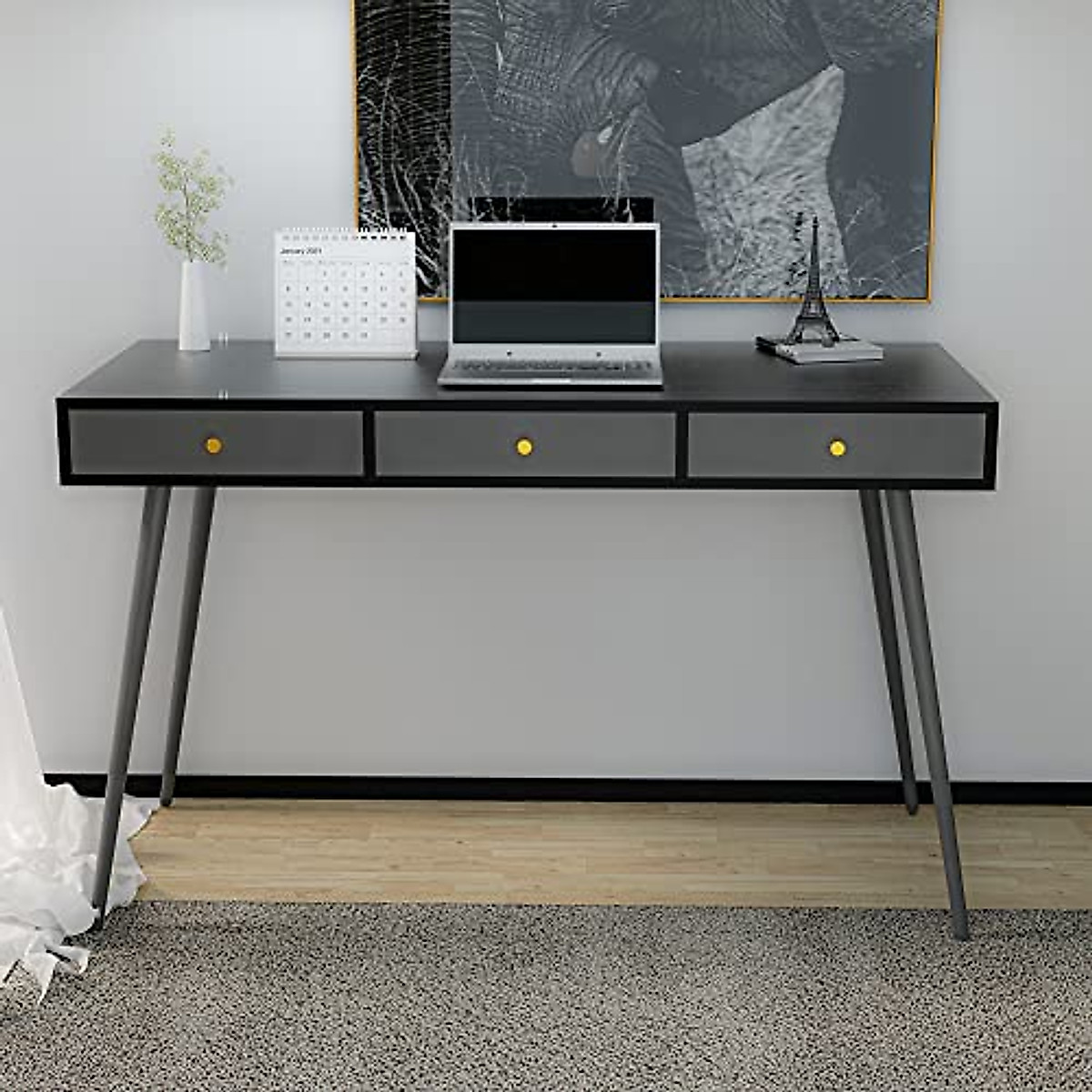 JURMALYN 47" Mid Century Modern Desk with Drawers Black Computer Desk Minimalist Desk with Metal Legs for Home Office, Easy Assembly (Black + Dark Grey)