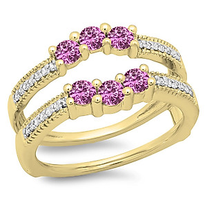 Dazzlingrock Collection 14K Pink Sapphire & White Diamond Wedding Band 3 Stone Enhancer Guard Ring, Yellow Gold, Size 6