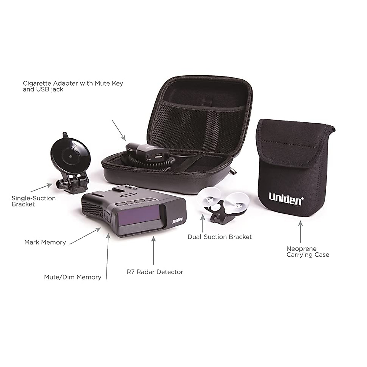 Uniden R7 Extreme Long Range Laser/Radar Detector and Scosche 1080p Dash Cam Bundle. Radar w/Built-in GPS, Real-Time Alerts, Dual Antennas, Front/Rear & Directional Arrows, Red Light Camera Alerts