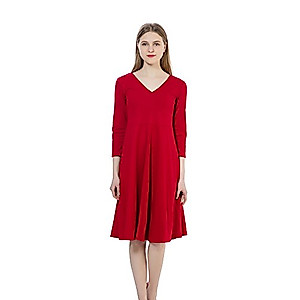 DANTIYA Women's 3/4 Sleeve Work Office Business V-Neck A-Line Knee Long Sheath Midi Dress Red