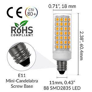 Simba Lighting LED E11 T4 Mini-Candelabra JD Light Bulb 5W 40W to 50W Halogen Replacement (4 Pack) 88SMD2835 Corn JDE11 120V for Chandeliers, Sconce, Cabinet Lighting, Soft White 3000K, Dimmable
