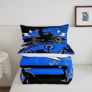 Erosebridal Boys Dirt Bike Bedding Sets Twin Motocross Comforter Set Dirtbike Room Decor for Boys Kids Girls Adult,Rider Motorcycle Bed Set Cool Extreme Sports Comforter Sets 2Pcs,Blue Black
