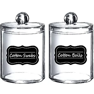 Qtip Dispenser Q-tip Holder Apothecary Jars Bathroom,Premium Quality Clear Plastic Acrylic Container for Q-Tips,Cotton Swab,Cotton Ball,Cotton Rounds,Floss Picks |Small,10 oz,Set of 2
