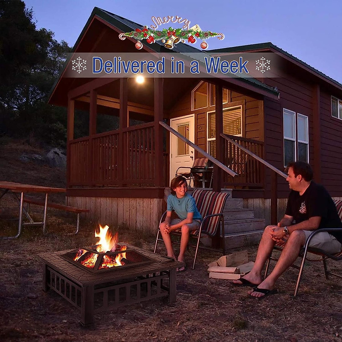 Anraja Fire Pit 32'' Wood Burning Firepit Metal Square Outdoor Fire Tables Steel BBQ Grill Fire Pit Bowl with Spark Screen Cover, Poker Log Grate for Patio Bonfire Camping Backyard Garden Picnic