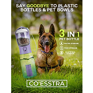 CO'ESSTRA Pet Water Bottle - Portable Dog Water Bottle Dispenser with Poop Bag - 20oz Leak Proof Dog Travel Water Bottle with Feeder - Puppy Water Bottles for Walking, Hiking, Camping