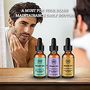 MENSTORY Beard Growth Oil 3 Scent Pack, Cedarwood, Sandalwood, and Sage, Moisturizing, Softening, Beards & Mustaches Facial Hair Growth oil for Men, Beard Gifts for Man Dad Father Boyfriend (3 fl oz total)