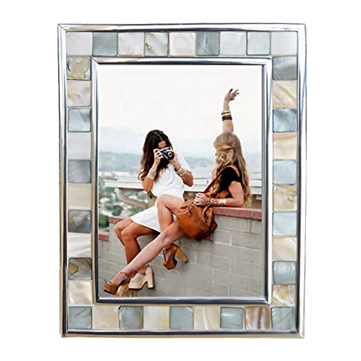 GIFTME 5 Silver Plate Picture Frame 5x7 Mother of Pearl 5 by 7 Photo Frame Mosaic Glass Tabletop Frame (Grey+ White,1pc)