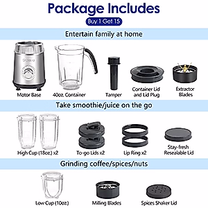 Duxano Personal Blender Set for Shakes and Smoothies,Powerful Ice-Crushing Portable Mixer with 40oz. Large Capacity Pitcher, 2x18oz. Travel Sports Bottles, Coffee Grinder,15-Piece, 2 Spout Lids - Perfect for Your Kitchen