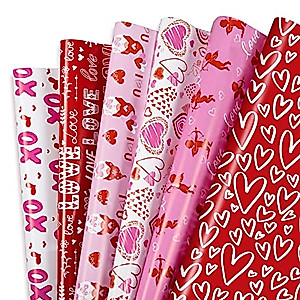 Whaline 12 Sheet Valentine's Day Wrapping Paper 6 Design Love Heart Wrapping Paper Red Pink White Patterned Art Paper for Wedding Anniversary Baby Shower Birthday Gift Wrap, 19.7 x 27.6 Inch