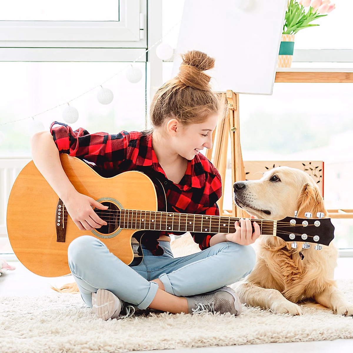 Blisstime 6 String Acoustic Guitar Bone Bridge Saddle and Nut and 6pcs Guitar Bone Bridge Pins Made of Real Bone