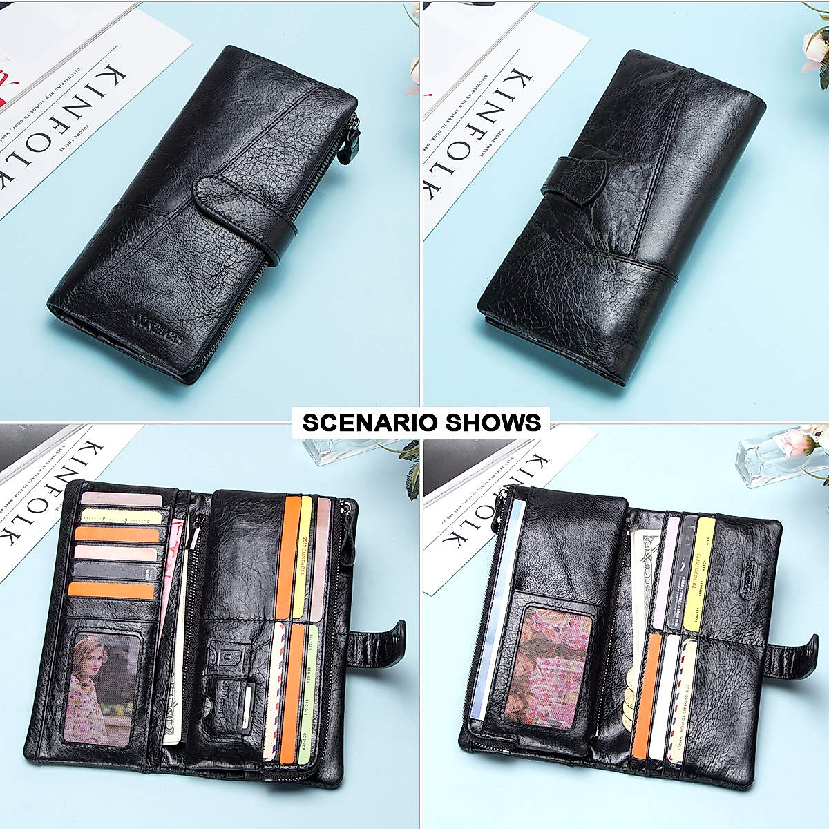 Contacts Real Leather Women Secretary Zipper Phone Holder Clutch Purse Wallet (Black)