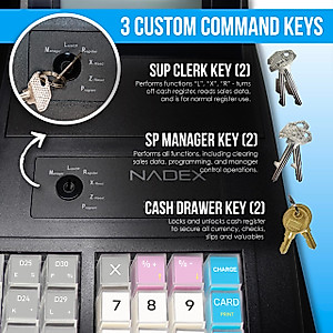 Nadex CR600 Cash Register, 9500 PLU Lookups 60 Dept 50 Clerks, 5 Bill 8 Coin Compartments 2 Check Slots Heavy Duty Steel Cash and Coin Drawer, Two Displays, Multiport