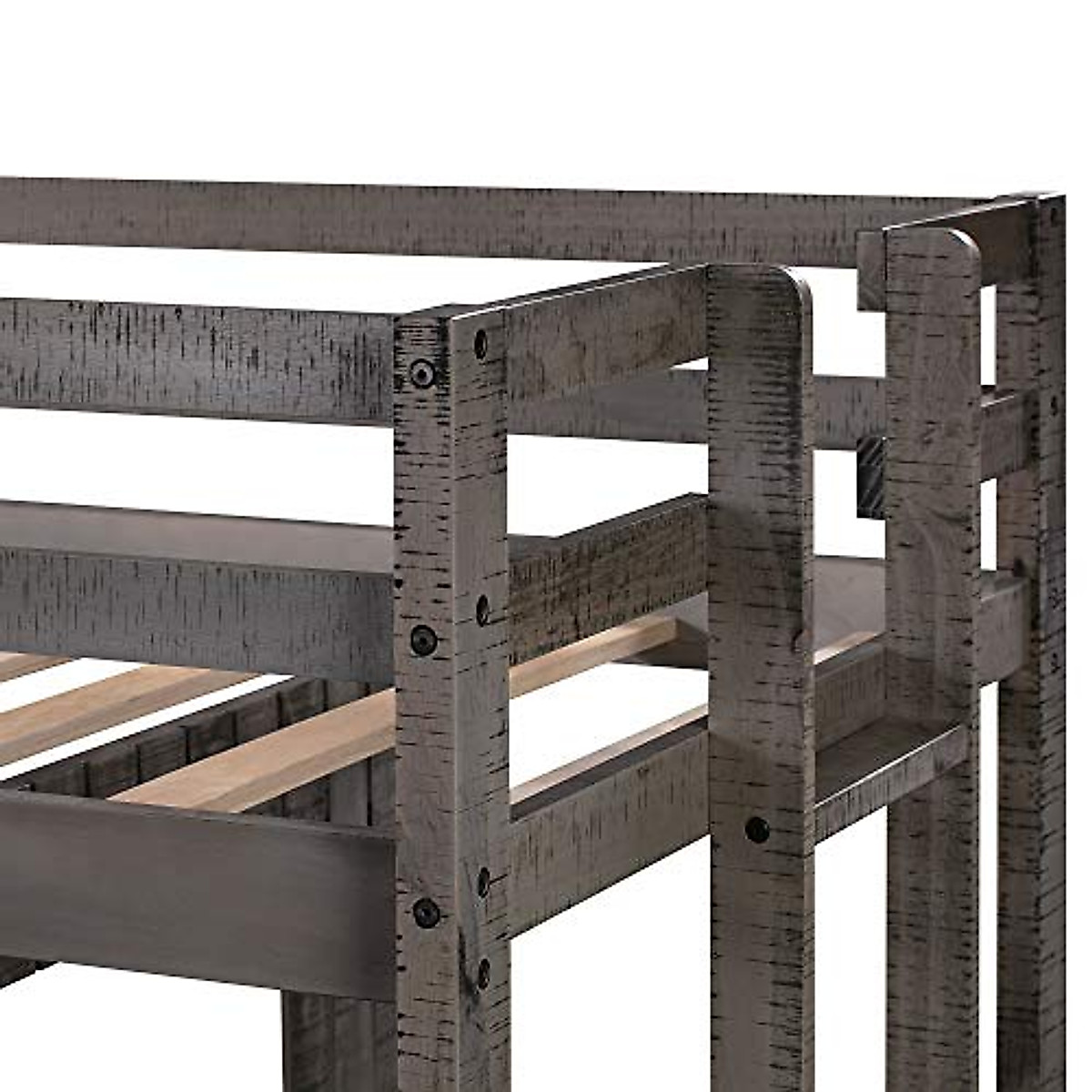 GJHOME Twin Over Full House Bunk Bed with Ladder, Window and Guardrails, Wooden Low Loftbed with Playhouse, Farmhouse, for Kids Teesn Boys Girls Bedroom, Antique Gray