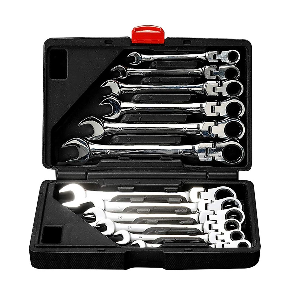 FLZOSPER 12pc. Tightspot Flex-Head Ratcheting Wrench Set，8-19mm Metric CR-V Quick Access Spanner with Portable Toolbox (12PC. Flex Head Wrench)