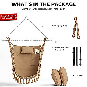 Giantex Hanging Chair Hammock Swing Chair - with Sturdy Steel Hanging Bar, Comfortable Headrest Pillow, 2 Cushions, Pocket Macrame Swing Chair for Bedroom, Living Room, Max 330 Lbs Swing Seat (Beige)
