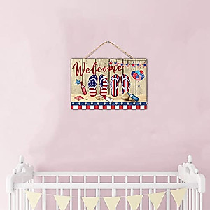 CustonCares Independence Day Flip Flops Welcome Wooden Sign Table Decor Modern Red White Blue Balloons Star Signs Decorative Wood Sign Plaque for Shelf Room Porch 12x8in