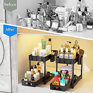 Under Sink Organizers and Storage, 2 Pack Multi-purpose Under Sink Organizer with Sliding Storage Drawer with 8 Hooks and 2 Hanging Cups, 2 Tier Under Sink Storage for Cabinet Bathroom Kitchen, Black