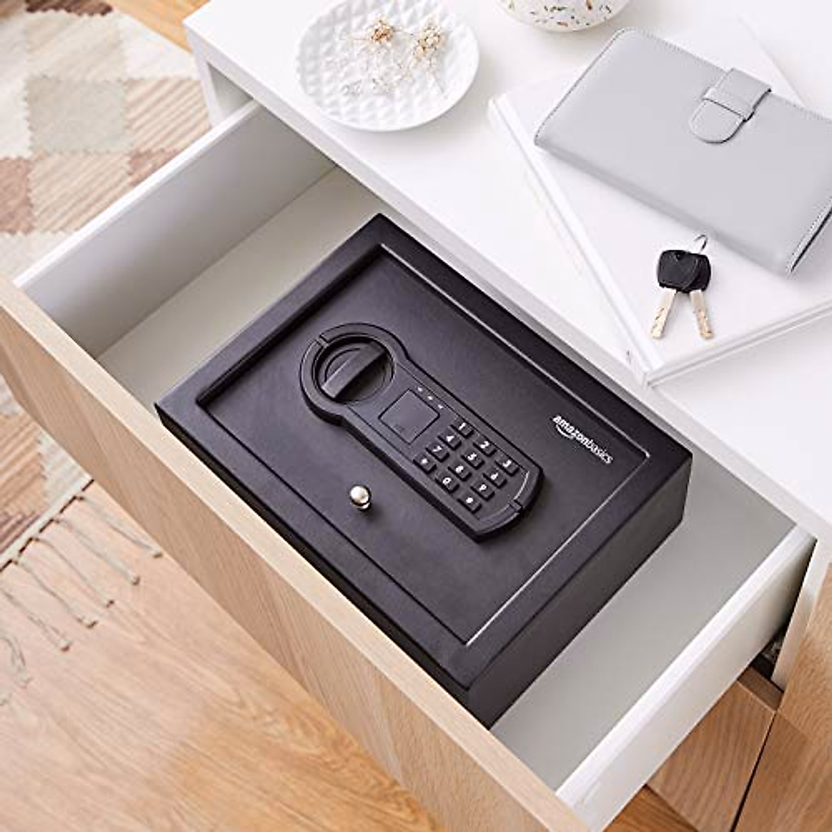 Amazon Basics Small Slim Desk Drawer Security Safe with Programmable Electronic Keypad, Black, 11.8''W x 8.6''D x 4.4''H