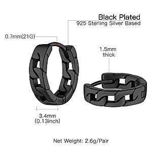 Suplight 925 Sterling Silver Black Chain Huggie Earrings, 10mm Curb Cuban Link Chain Hoop Earrings for Men Women