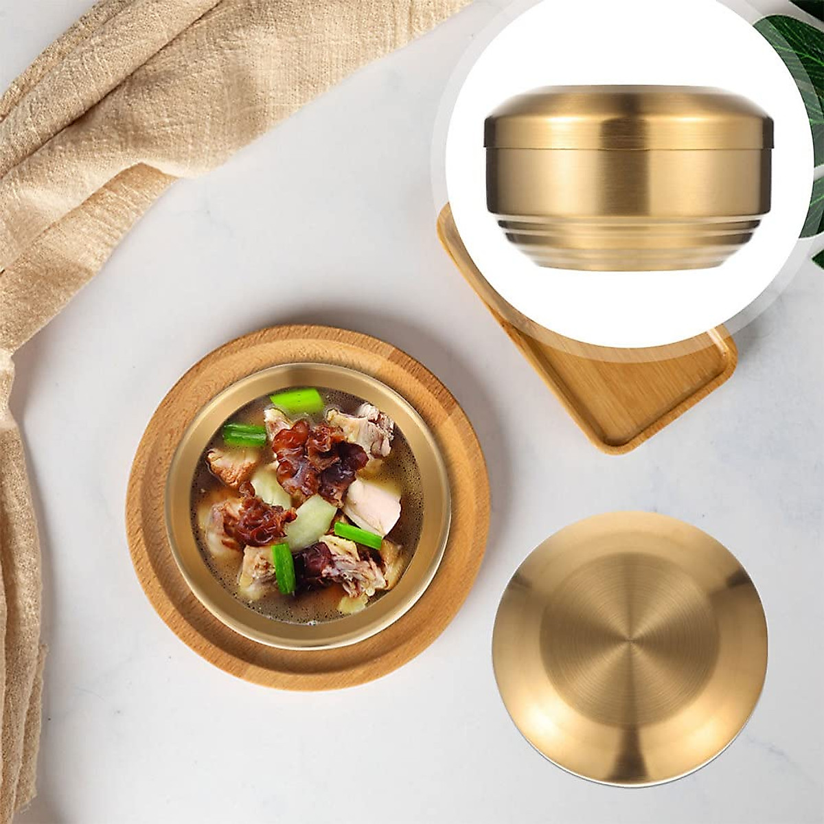 SHERCHPRY Soju Korean Liquor 2 Pcs Korean Stainless Steel Rice Bowl with Lid Soup Bowl Metal Cereal Bowl Ice Cream Snack Bowl for Kitchen Restaurant Golden 11.5cm