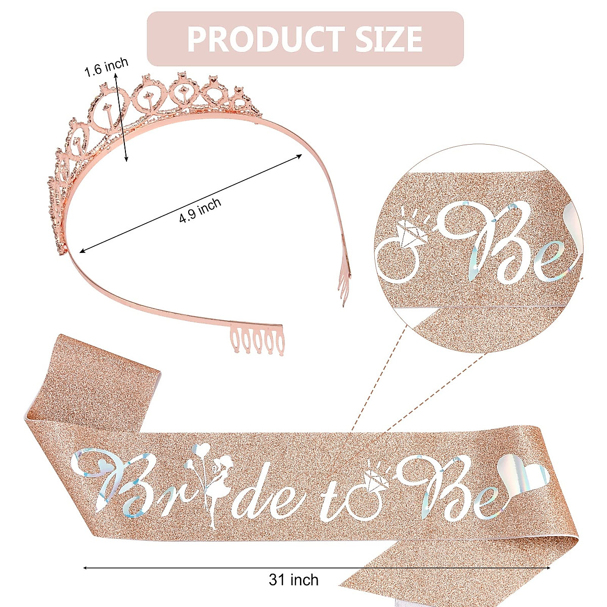 CIEHER Bride To Be, Rose Gold Bridal Shower Decorations, Bridal Shower, Bride Tiara, Cute Bridal Shower Gift for Bride, Engagement Party, Bachelorette Decorations, 2 Piece Set, Crystal