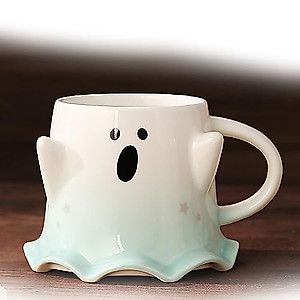 IVYDREVER Pumpkin Mug,Halloween Coffee Cups,Ceramic Coffee Mug, Cute Ghost Coffee Mug with Witch Hat Lid,Pumpkin Mug Ceramic Coffee Mugs and Tea Mug (Elf-Green+Pink)