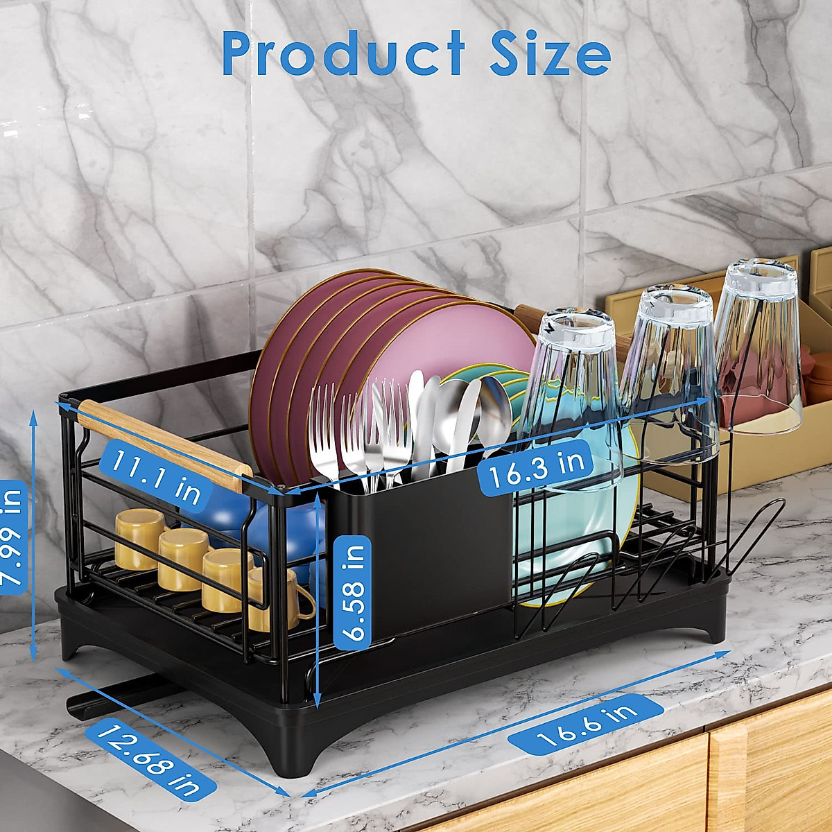 G-TING Dish Drying Rack, Dish Rack for Kitchen Counter, Rust-Proof Dish Drainer with Drying Board and Utensil Holder for Kitchen Counter Cabinet, 16.6” L× 12.6”W× 7.8”H, Black