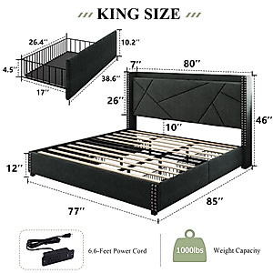 Feonase King Size Bed Frame with 4 Storage Drawers, Upholstered Platform Bed Frame with Charging Station & Wingback Headboard, Solid Wood Slats Support, No Box Spring Needed, Noise-Free, Dark Gray