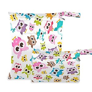 Cute Owl Animal Wet Dry Bags Owl Waterproof Baby Cloth Diaper Bags with Two Zippered Pockets Beach Travel Bag for Swimsuit&Wet Cloth 2pcs