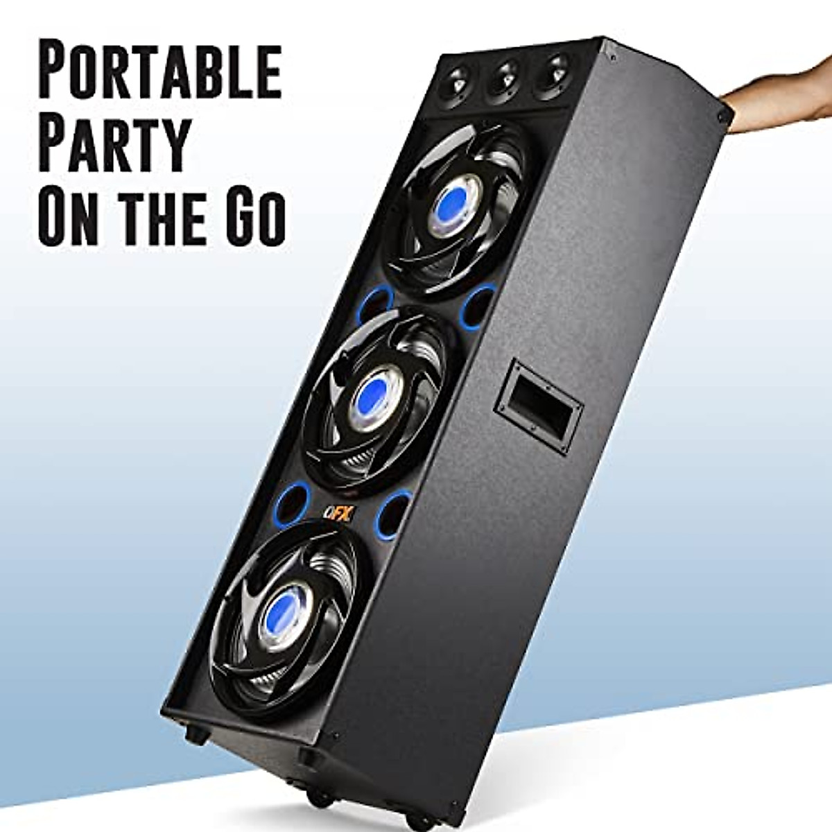 QFX SBX-412300BT TWS Bluetooth Triple 12” Woofer Triple 1” Tweeter Recording High-Performance PA Cabinet Speaker with 10-Band Graphic EQ, 2 Microphone Inputs, Guitar Input, and AUX Input, Blue
