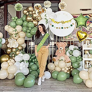 GYESXYW Sage Green Party Decorations, Olive Green and Gold Birthday Decorations Happy Birthday Banner, Birthday Sash and Gold Confetti Balloons for Men Women Boys Girls Baby Shower Birthday Supplie