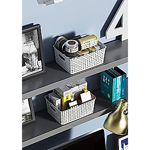 Woven Plastic Storage Baskets, 6 Pack White Weave Bins Organizer, 10.1" x 7.55" x 4.1"