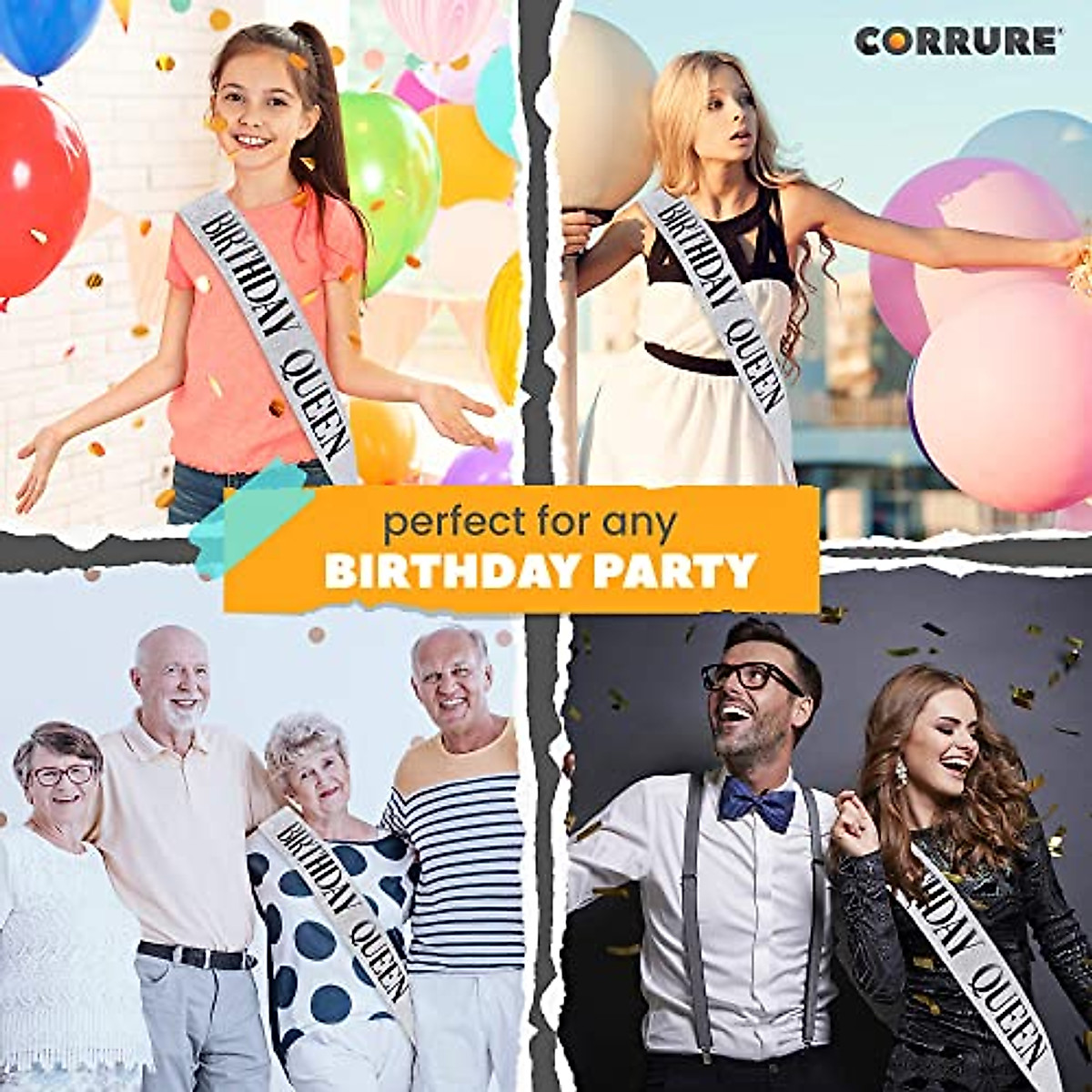 CORRURE 'Birthday Queen' Sash Glitter with Black Foil - Silver Glitter Happy Birthday Sash for Women - Party Favors Supplies and Decorations for Sweet 16, 18th 21st 30th 40th or Any Bday Party