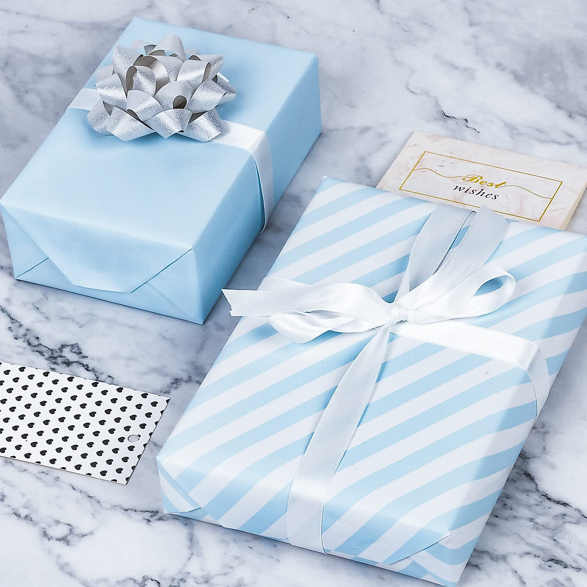 WRAPAHOLIC Reversible Wrapping Paper - Baby Blue and Stripes Design for Birthday, Holiday, Wedding, Baby Shower Wrap - 30 Inch x 33 Feet