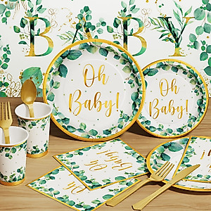 Ecomore Sage Greenery Baby Shower Party Supplies - 175 PCS Boho Neutral Disposable Dinnerware Set (25 Guest) with OH Baby Paper Plates Napkins Cup Plastic Fork Knives Spoon for Boy Girl Birthday Party