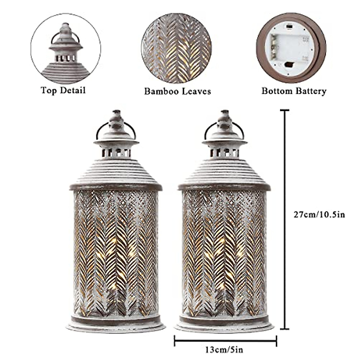 JHY DESIGN Set of 2 Metal Table Lamp Battery Powered 10.5" Tall Cordless Lamp Light with Edison Style Bulb Battery Operated Great for Living Room Bedroom Parties Indoors Outdoors (Bamboo Leaves)