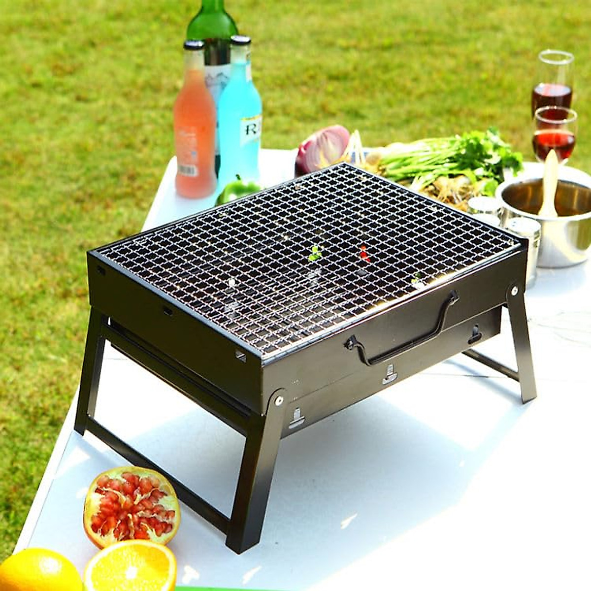 HOSEMN 2023 NEW Portable Folding Charcoal Grills, Stainless Steel Grill Table, Easy Portability For for Outdoor Cooking, Barbecue Camping, Beach BBQ, Picnic Backyard - Black (17"x11.4"x9.4"）