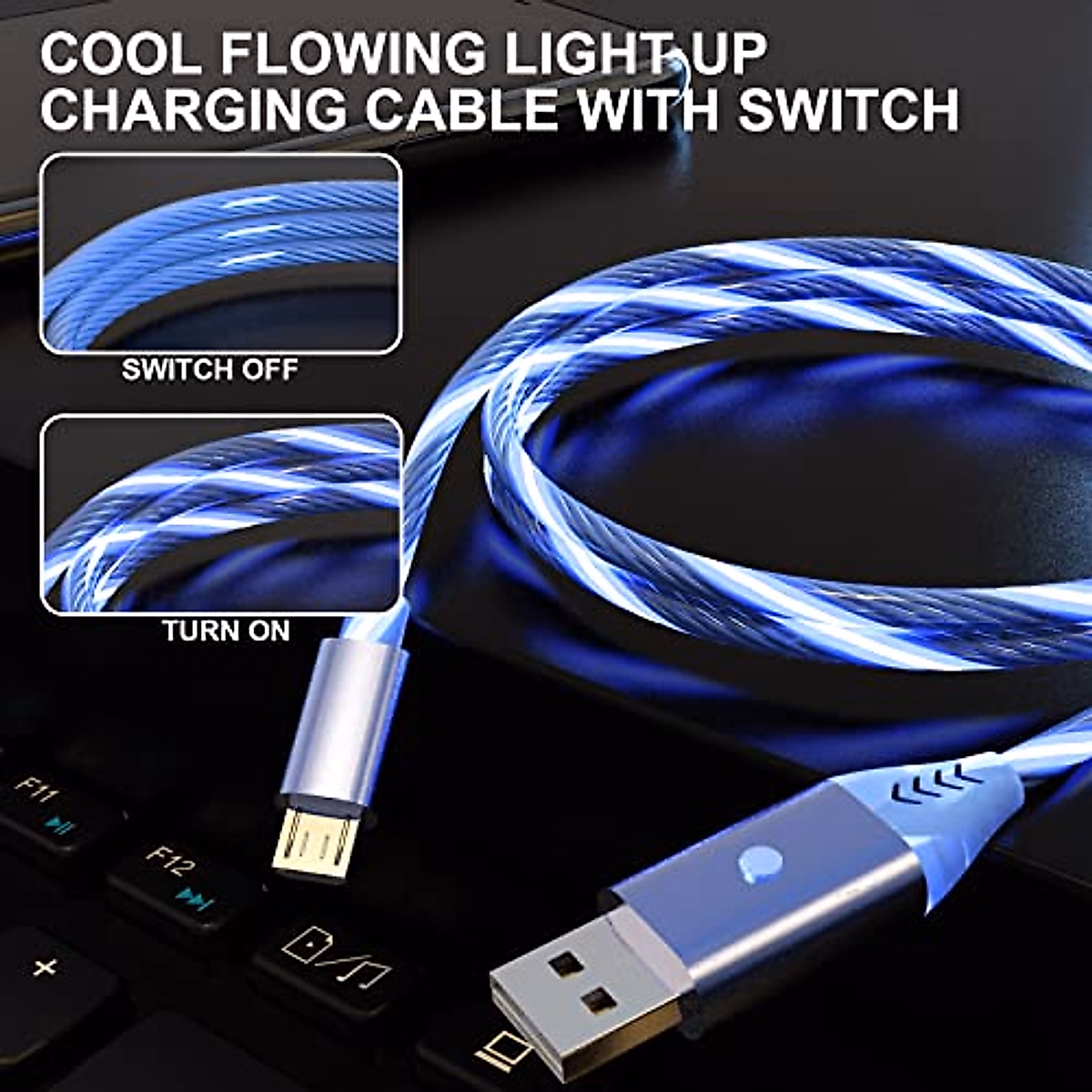 Light Up Micro USB Charger Cable with Switch Compatible with Samsung Galaxy S7 Edge S6 S2 J7 J5 J3 J3V J2,LG K10 V10,Moto E6 5 4,Kindle,Fire Tablet,PS4 LED Fast Charging Cable (Blue,6.6ft)