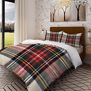 Batmerry Scottish Tartan King Size 3 Pieces Bedding Comforter Sets,Soft Fluffy Square Green Wool Plaid Pattern Printed PolyesterDuvet Cover for All Season