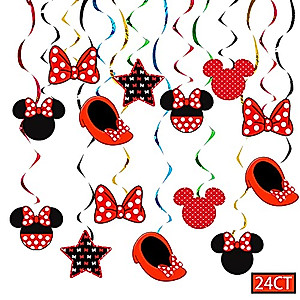 24CT Red Black Min Mouse Hanging Swirls Decorations,Red Mouse Hanging Swirls Ceiling Streamer Decor For Baby Shower Min Themed Mouse Birthday Party Decorations Supplies
