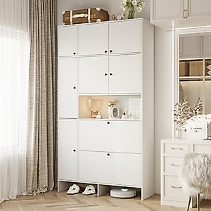 ECACAD Large Wardrobe Closet, Modern 86.7" H Clothing Storage Cabinet with Adjustable Shelves, Bedroom Armoire with Shoe Storage, White