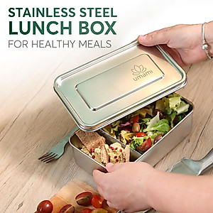 Umami Stainless Steel Bento Box Adult w/Fork & Divider, Microwave Safe (Yes!) & Dishwasher Safe, 100% Leakproof, Large Stainless Steel Metal Lunch Container for Adults