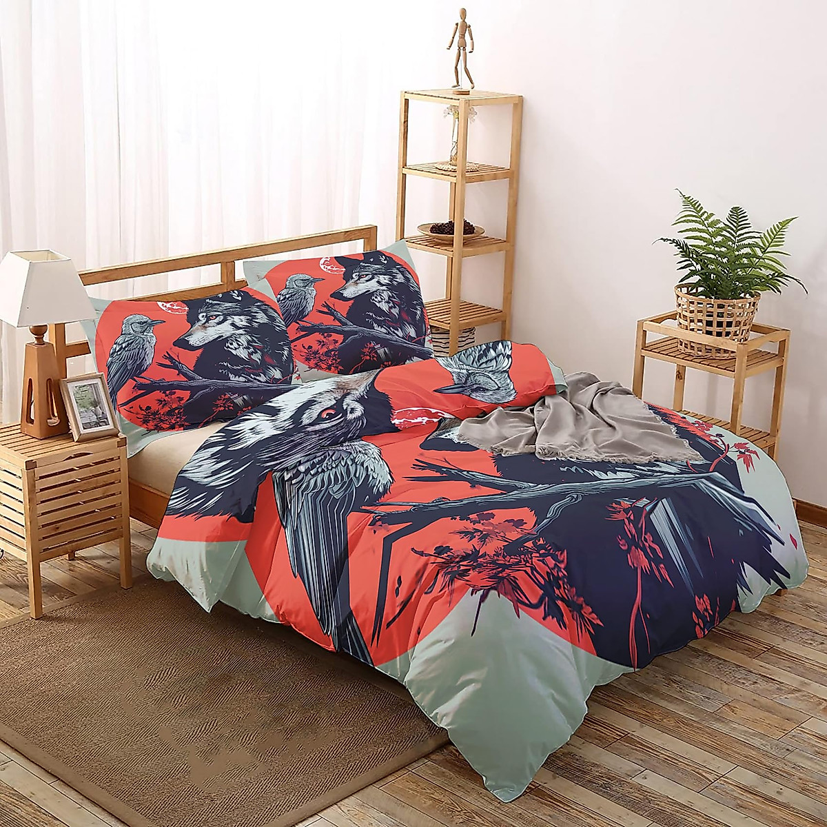 AopGlyvyr Wolf Duvet Cover Full Size, Crow Raven Comforter Cover, Wild Animal Bedding Set, Breathable Duvet Cover with Zipper Closure, 3 Pieces, 1 Soft Duvet Cover & 2 Pillow Shams