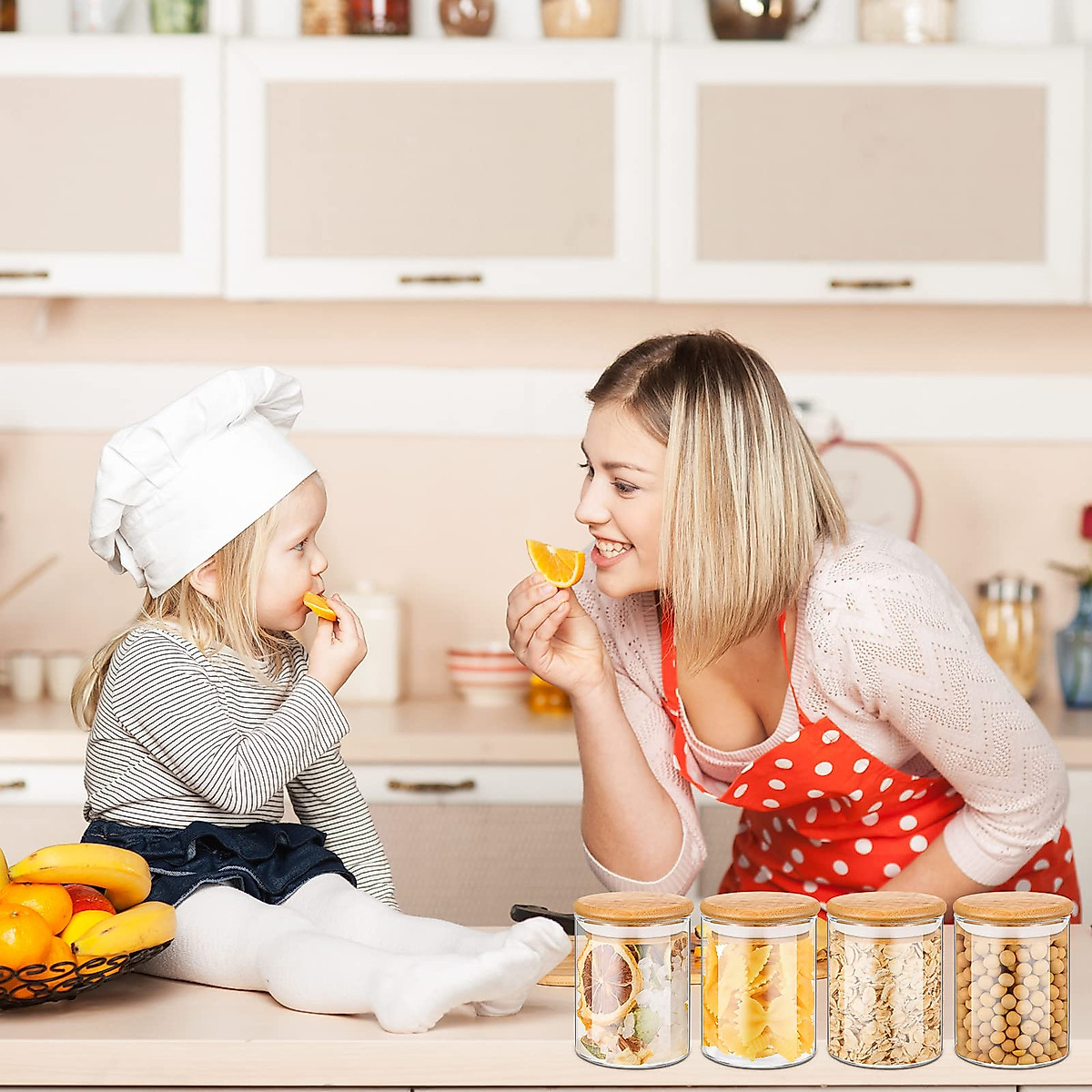 Zubebe 32 Pieces 7 oz Glass Spice Jars with Bamboo Lids and Labels, Large Clear Spice Containers with 660 Spice Labels Airtight Canisters Sets for Kitchen Seasoning Jars Storage Herbal Teas, Coffee