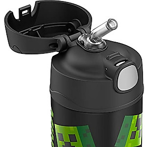 THERMOS FUNTAINER 12 Ounce Stainless Steel Vacuum Insulated Kids Straw Bottle, Dark Minecraft