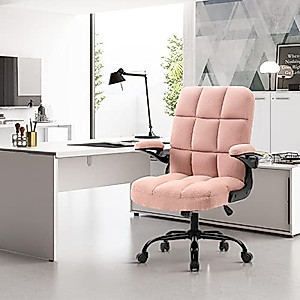 SEATZONE Pink Home Office Desk Chairs with Flip-up Armrest, Faux Fur, Fuzzy Computer Rolling Chair with Wheels, Adjustable Backward Tilt