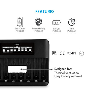 Tenergy TN480U 8-Bay LCD Display Fast Charger for NiMH/NiCD AA AAA Rechargeable Batteries with Mirco USB and USB Type C Input for AA and AAA Rechargeable Batteries