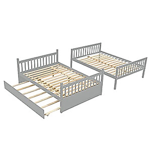 CITYLIGHT Full Over Full Bunk Beds with Trundle, Wooden Bunk Bed Full Over Full Size for Adults Teens, Detachable Full Bunk Bed Frame with High Length Guardrail,Grey
