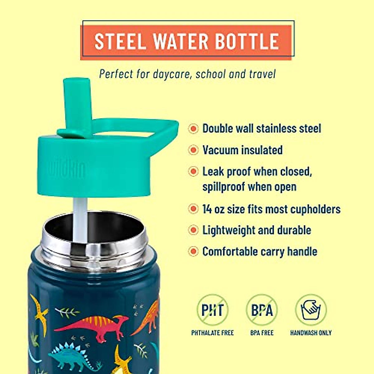 Wildkin 12 Inch Backpack Bundle with 14 Ounce Steel Reusable Water Bottle (Jurassic Dinosaurs)